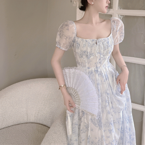 여름신상여름원피스파티룩 블랑 소라 스퀘어넥 오프숄더 여리핏 하늘하늘 시스루 퍼프 반팔 플라워 리본 주름 플레어 롱 원피스