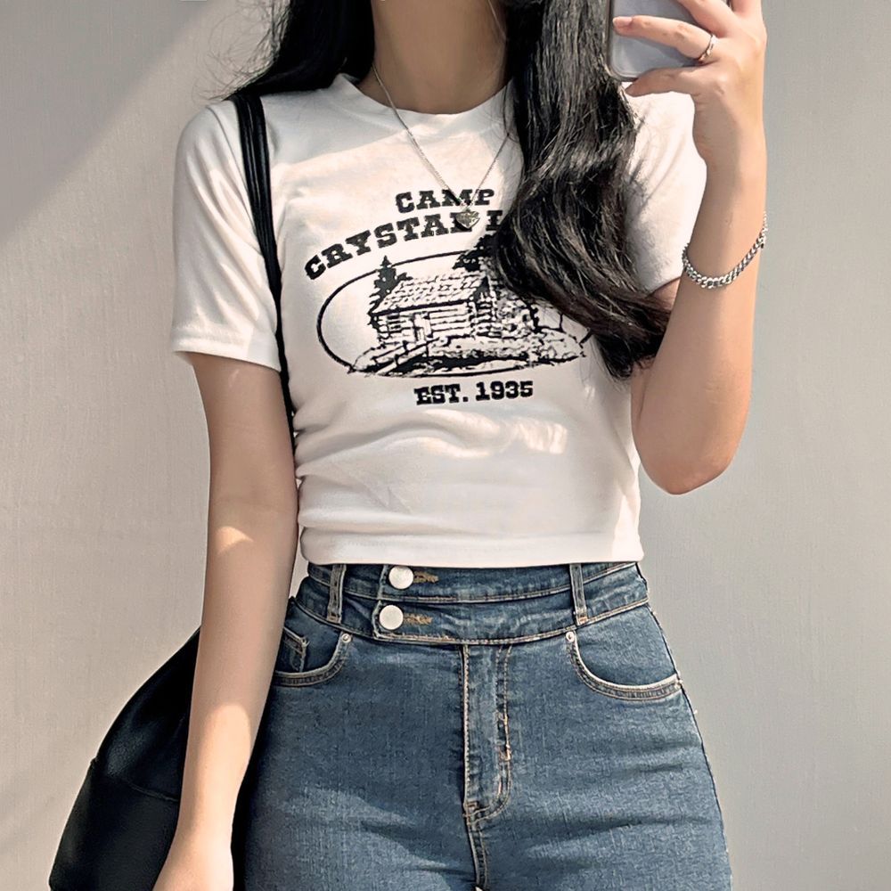 체리밍 11할인슬림핏 캠프 레터링 빈티지 프린팅 여름 반팔 크롭 티셔츠 블랙 화이트 중학생 고등학생