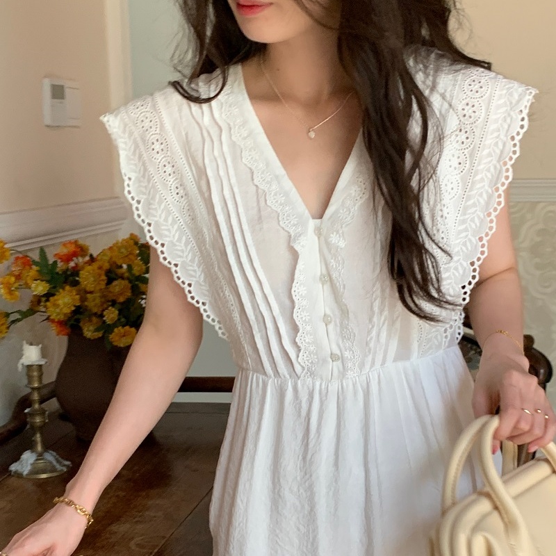제이리본 여신 레이스 롱원피스여름신상 청순 러블리 민소매 브이넥 하이웨이스트 주름 캉캉이 싱글단추 A라인 여름 풀오버 화이트 브라운 미디 스커트 치마 원피스나들이 휴가