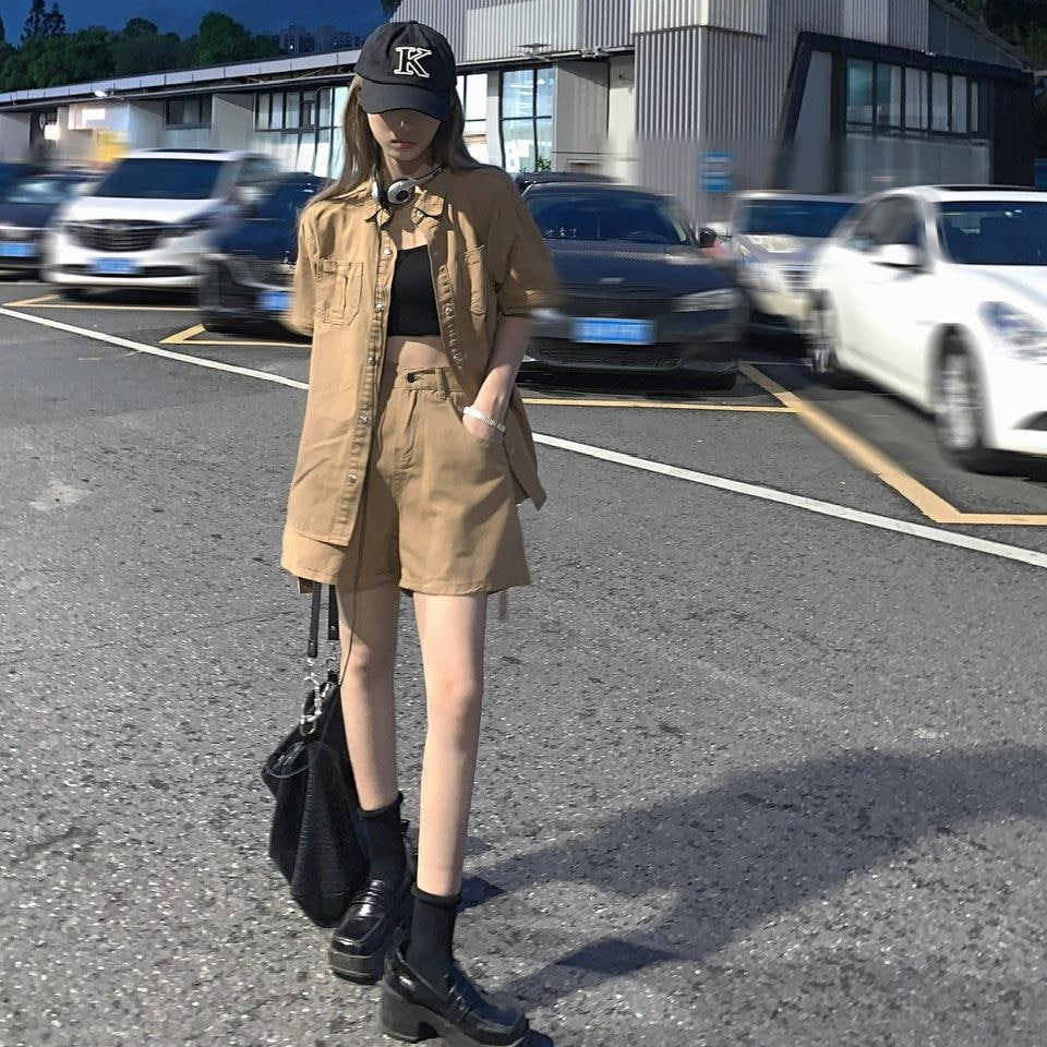 제이리본 반바지 투피스 Set레트로 스트릿 핫걸 스타일 패션 카키베이지 루즈핏 데님 반팔 카라 셔츠 자켓 정장여름 심플 A