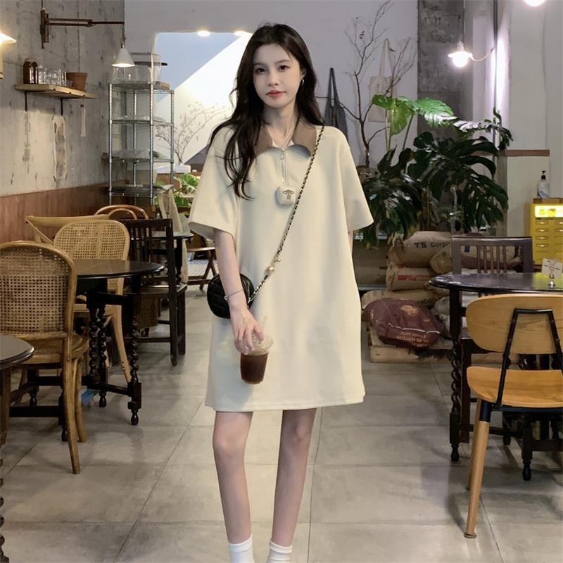 제이리본 원마일룩 배색 카라 지퍼 원피스 캐주얼 백 프린팅 러블리 큐트 루즈핏 편한 일자핏 A라인 반팔 미디 미니 입체 장식