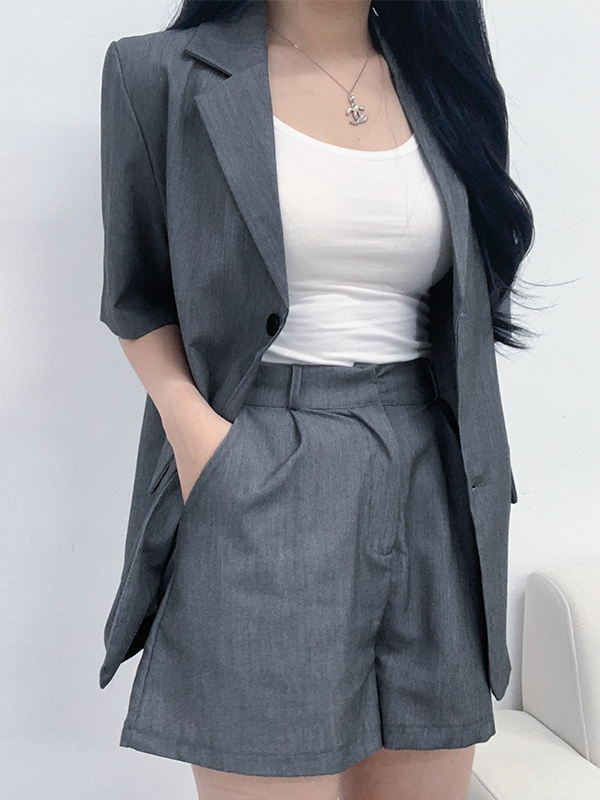 [당일출고 세미정장세트 44~66] 미뉴에트 카라 반팔 자켓 핀턱 와이드 뒷밴딩 3부 4부 숏 슬랙스 바지 팬츠 여름반바지