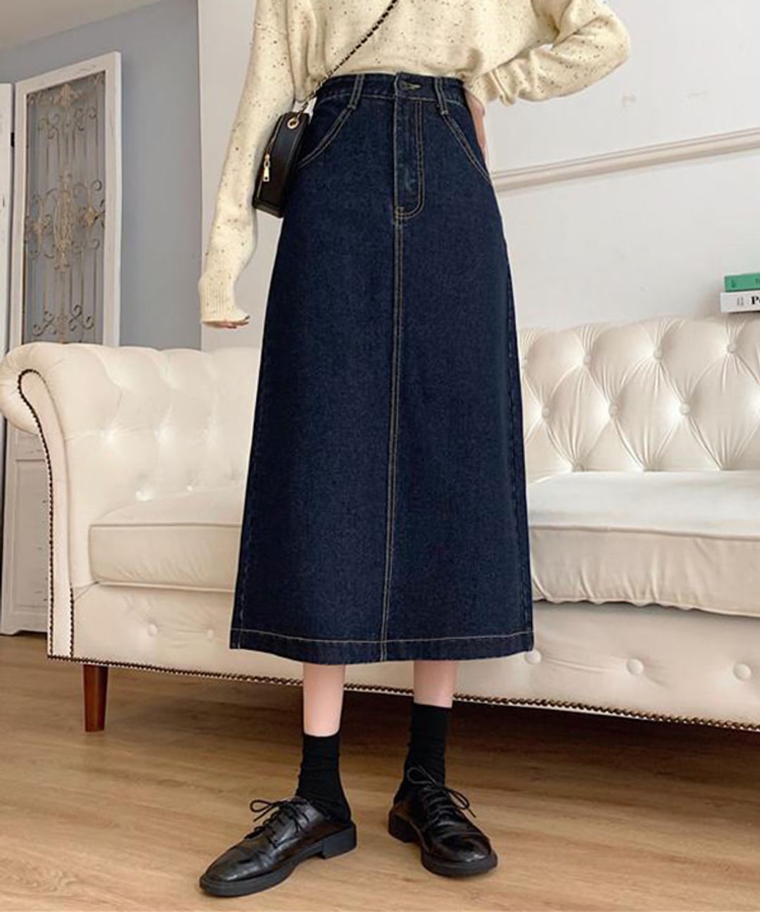 당일배송진청m 4size 심플 A라인 미디 롱 데님스커트 뒷트임 슬릿 캐주얼 데일리 여성스러운 깔끔한 봄 가을 기본 베이직 청치마