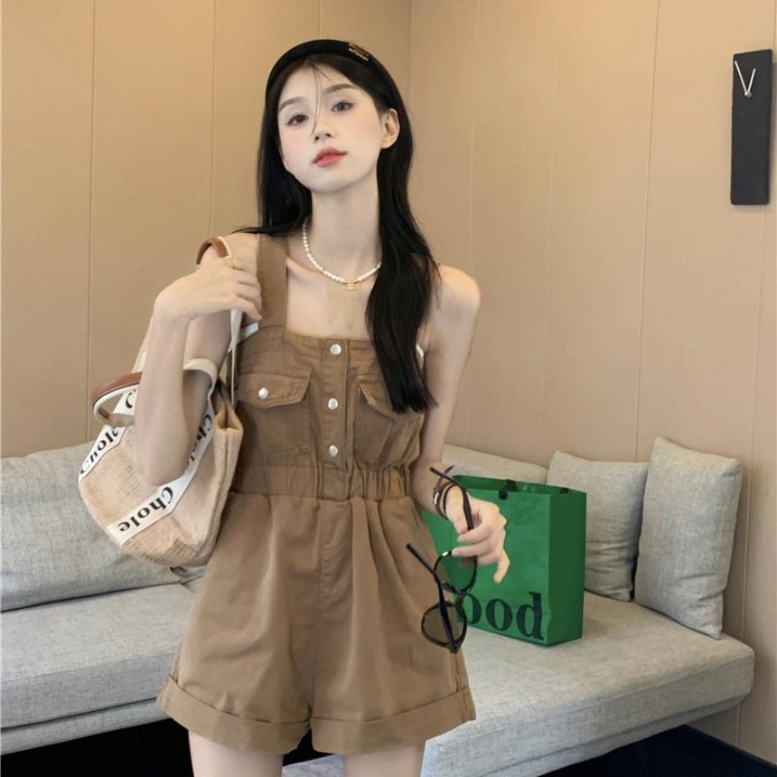 제이리본 데님 와이트 점프수트2color 여름 레트로 복고풍 포켓 밴딩 롤업 민소매 스퀘어넥 루즈핏 하이웨이스트 3부 4부 뷔스티에 나시 멜빵 작업복 스타일 반바지 팬츠