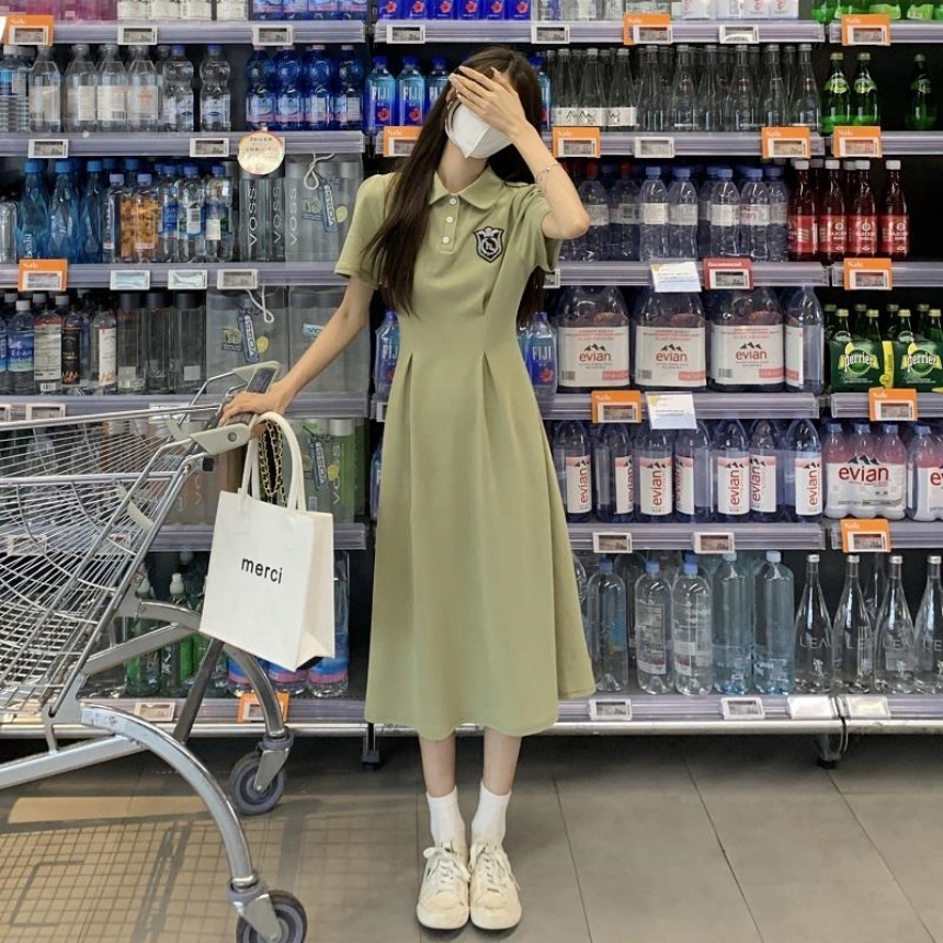 제이리본 원마일룩청순 카라 A라인 원피스날씬핏 여름 하이웨이스트 폴로 카라 반팔 러블리 캐주얼 퍼프소매 미디 롱 깔끔 심플