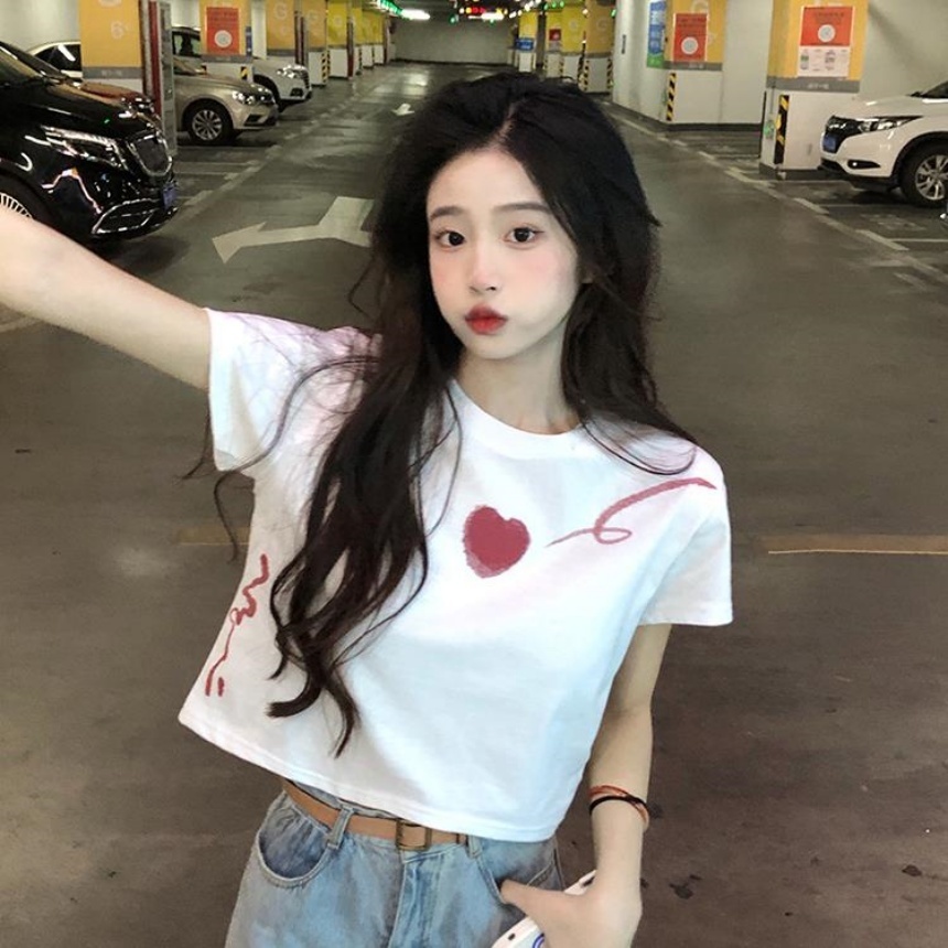 제이리본 하트 프린트 면 크롭탑 화이트 블랙 플라워 캐릭터 영문 레터링 깔끔 심플 러블리 캐주얼 라운드넥 반팔 숏 짧은 여름