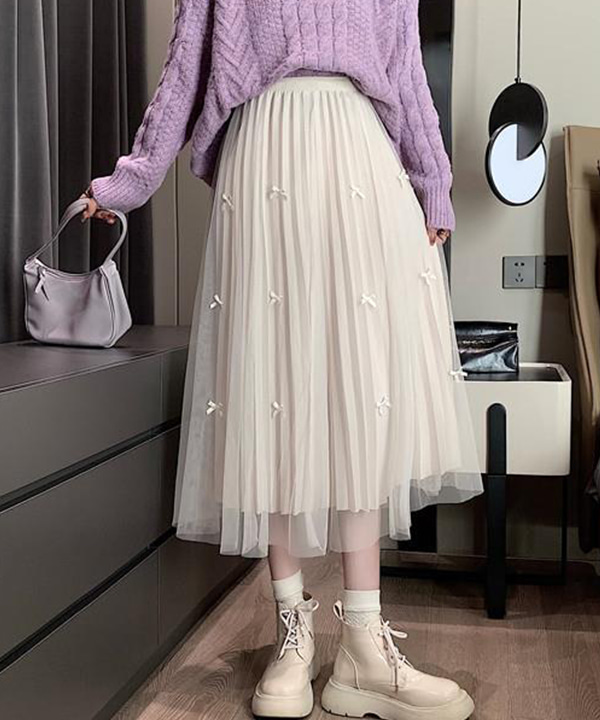 퍼플스테이지 쉬폰 플리츠 샤 튜튜 A라인 풍성한 플레어스커트 리본장식 귀여운 화사한 여성스러운 미디 허리밴딩 치마 유니크 캐주얼