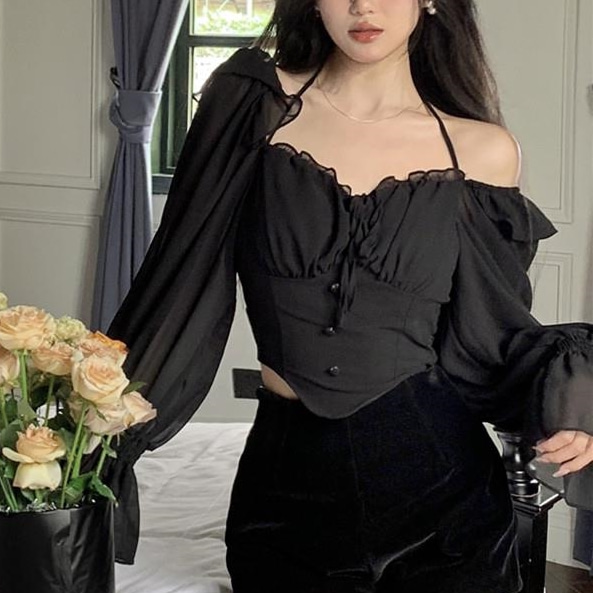 마리그램 우아함 섹시함 동시에 잡는 홀터넥 오프숄더 블랙 브라운 쉬폰 시스루 긴팔 소매 크롭 스카프 언발 블라우스 나들이룩 외출룩 클럽룩 콘서트룩 페스티벌룩 자라섬
