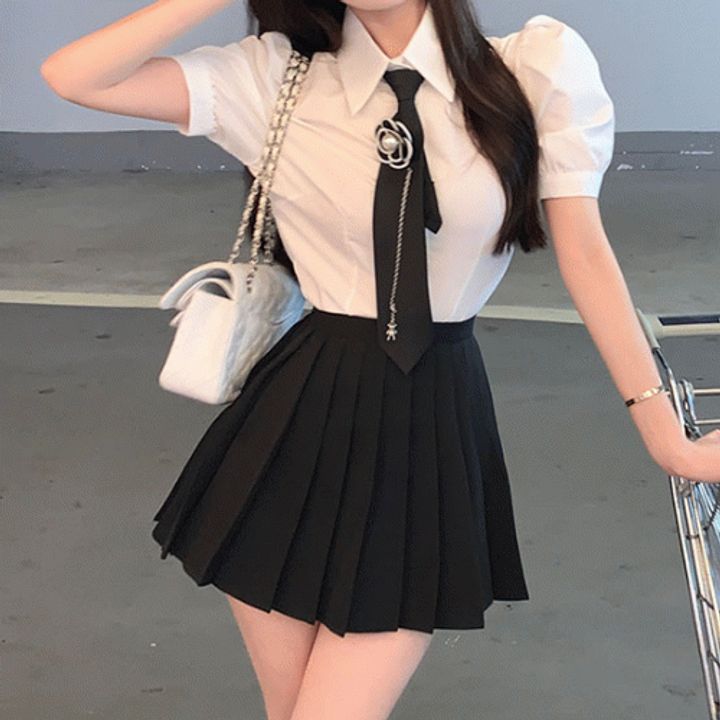 디어포텐 여름신상여름투피스하이틴룩 카라 로즈 장미 플라워 진주 체인 브로치 블랙 넥타이 퍼프 반팔 셔츠하이웨이스트 A라인 테니스 치마 플리츠 미니 스커트 투피스