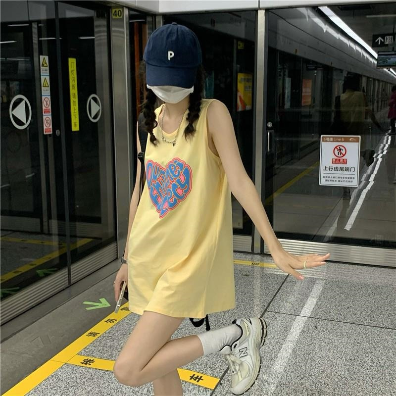제이리본 레터링 프린팅 러블리 민소매티 여름 프렌치 러블리 큐트 핫걸 루즈핏 영문 하트 프린팅 라운드넥 망고 롱 긴 면 박스