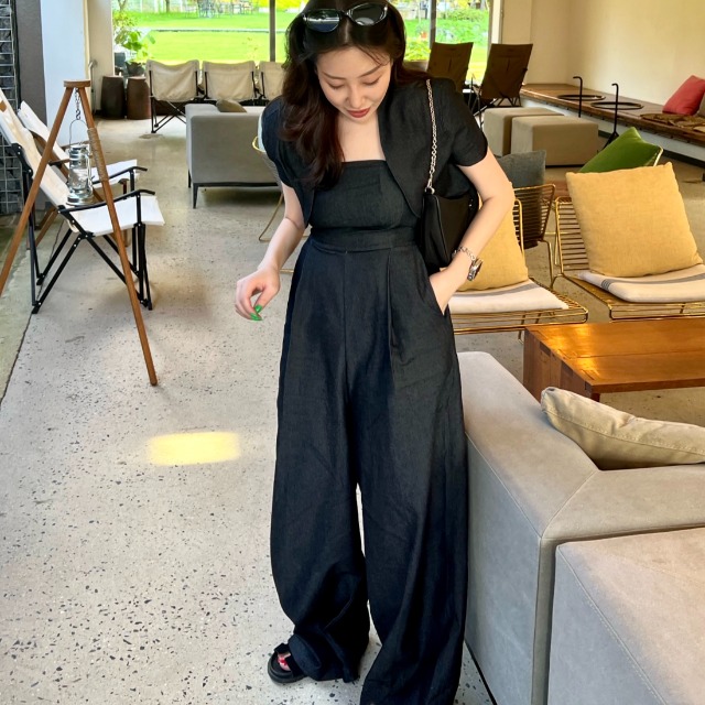 바이제이 Best상품 와이드 데님 점프수트 크롭 볼레로 투피스세트 점프슈트 자켓세트 하객룩 키작녀 청청패션 나시점프수트 데님 셋업 데이트룩 나시점프