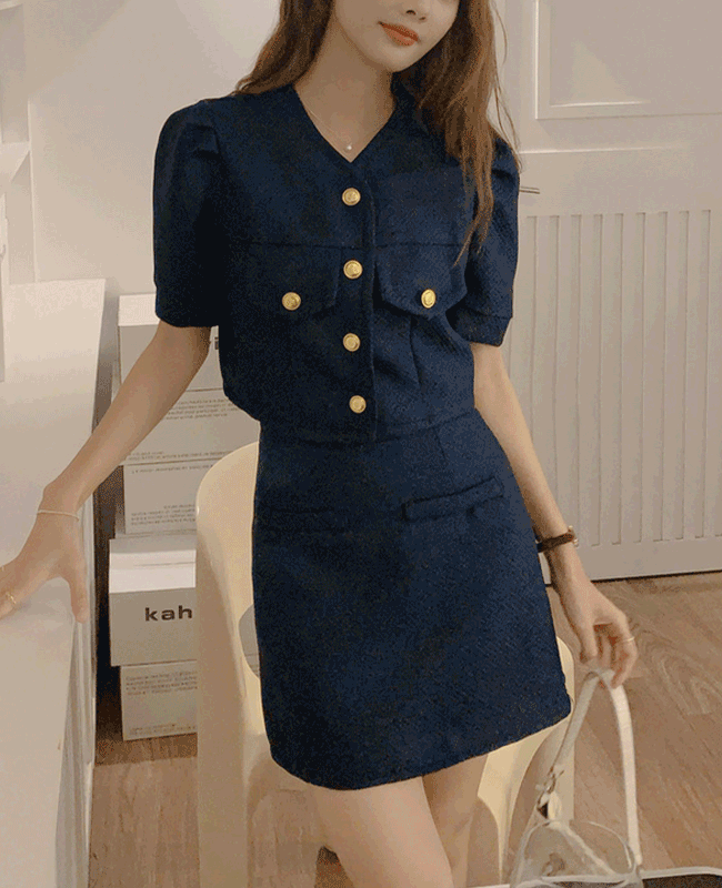 ~xl빅사이즈투피스 금장 트위드 노카라 숏자켓 반팔 퍼프 네이비 코트트위드 미니스커트 A라인 숏치마 정장 셋업 코디세트