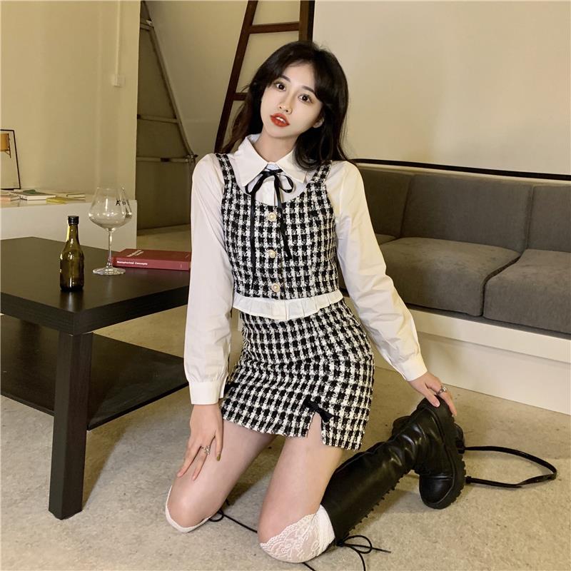 투피스 코디 Set 하이엔드 하운드투스 트위드 세트 민소매 싱글 브레스트 슬림 슬랜 핏 고퀄 진주 단추 타이트 크롭 나시