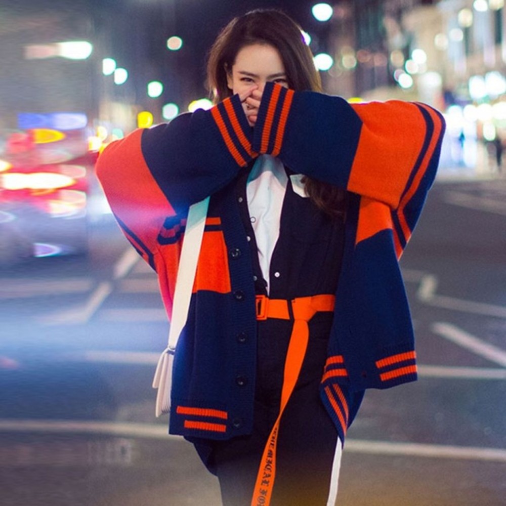 F9396/봄가을필수탬/배색이 예쁜 오버핏 롱니트가디건