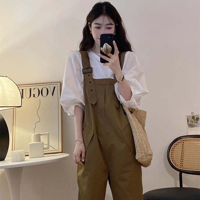 제이리본 투피스 코디봄 가을 루즈핏 일자핏 롤업 와이드 스트레이트 하이웨이스트 캐주얼 베이지 멜빵바지 작업복스타일7부 반팔