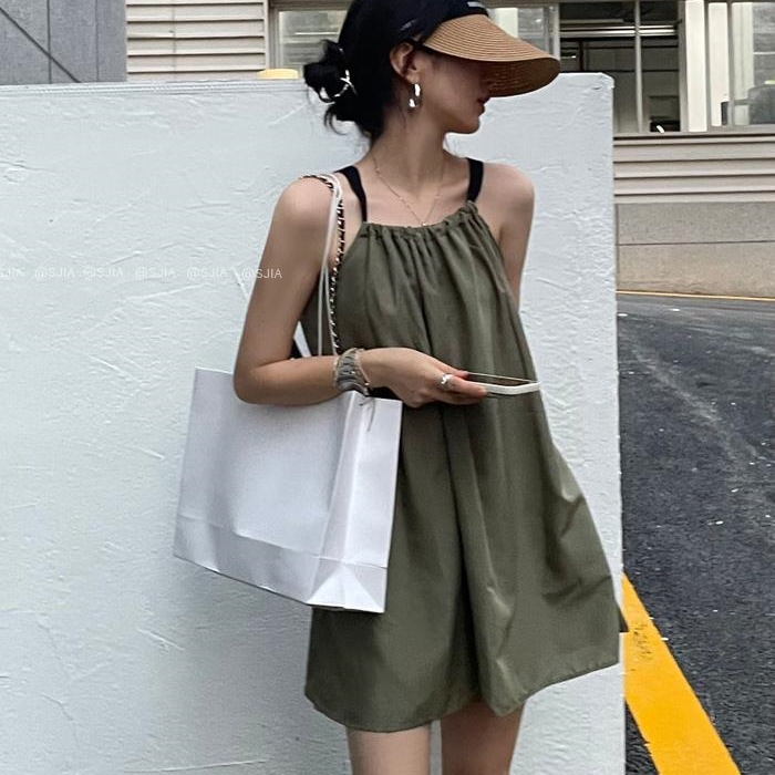 바캉스룩 추천 홀터넥 그린 나시 미니 원피스 홀터넥 루즈핏 그린 미니 블랙 리본 여름 슬리브리스 원피스 바캉스룩 해외여행