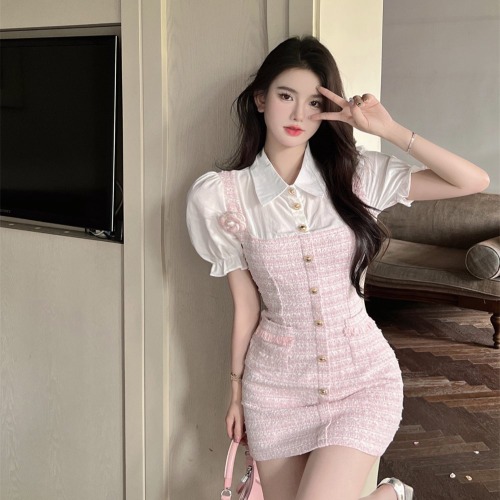 위드포에버 하객룩데이트룩여름신상 러블리 핑크 트위드 포인트 플라워 골드 싱글버튼 화이트 카라 퍼프 투피스 디자인 슬림핏 미니원피스 하객원피스 봄신상 데이트룩 여친룩