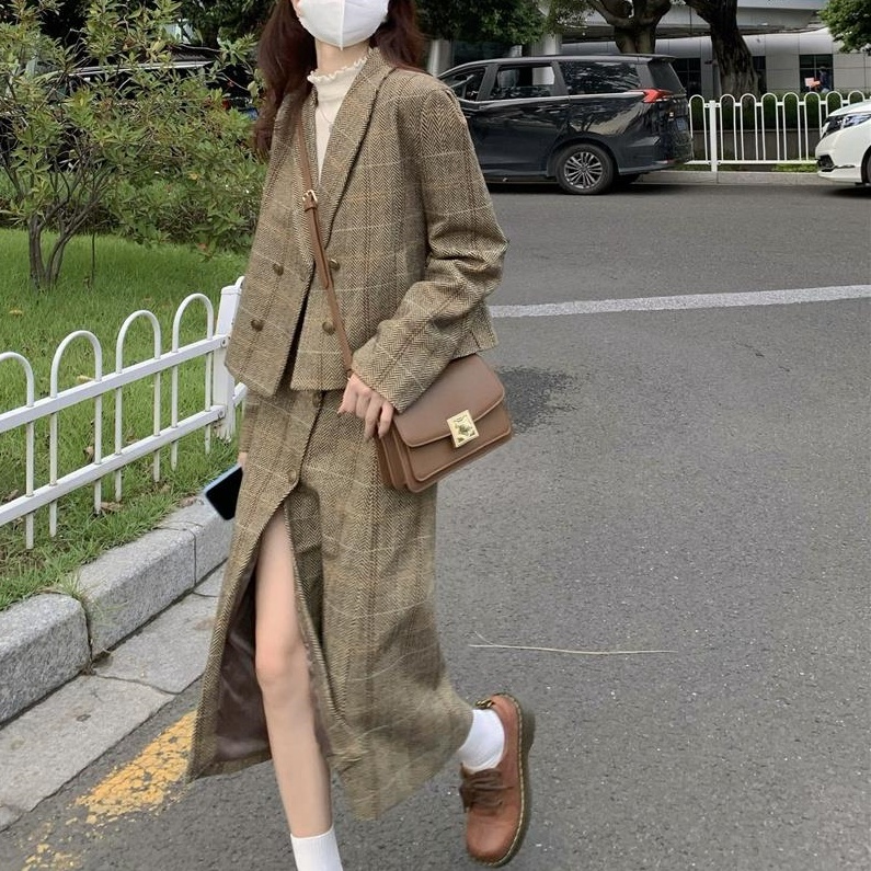 자켓 스커트 세트 코디레트로 프렌치 가을 헤링본 체크 무늬 더블브레스트 크롭 코트 정장 슈트 자켓 사선 앞 트임 슬릿 러블리