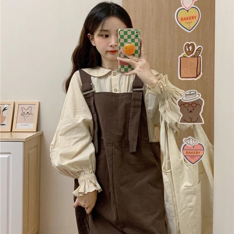 제이리본 투피스 코디퍼프소매 귀여운 둥근 카라 프릴 스모크 레글런 빅 벌룬 긴팔 루즈핏 베이지 블라우스 셔츠 남방 브라운