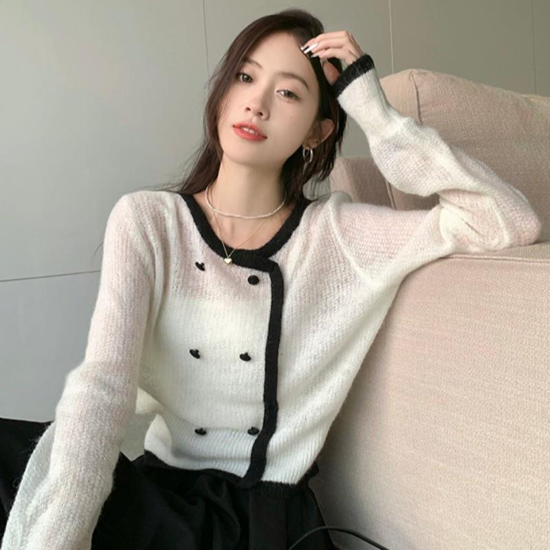 더블 버튼 클래식 앙고라 가디건 배색 보더라인 엣지 포인트 클래식 보헤미안 아티스틱 프렌치 시크 유러피안 여성스러운 가을
