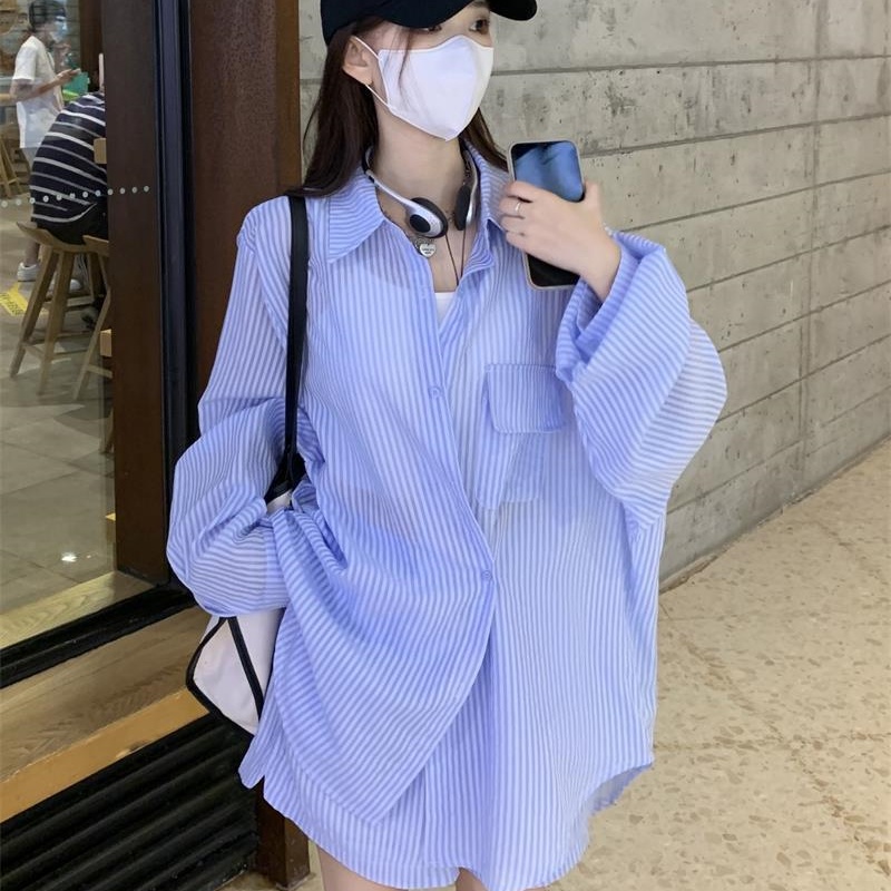 제이리본 당일출고 Set 깔맞춤 루즈핏 얇은 스트라이프 봄 가을 편한 오버핏 포켓 싱글 유니크 단추 카라 시스루 셔츠 흰남방 블루 블라우스 허리밴딩 3부 4부 옆트임