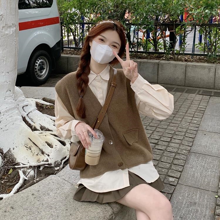 제이리본 베스트 Set 코디브이넥 캡소매 단추 가을 루즈핏 러블리 캐주얼 니트 스웨터 조끼 민소매 가디건기본 심플 베이직