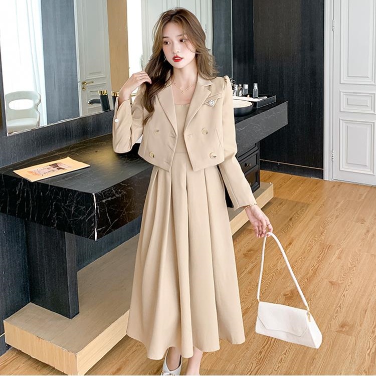 제이리본 부분당일출고정장 원피스세트테일러드 저카라 투버튼 크롭 자켓플리츠 A라인 주름 롱 민소매 뷔스티에 서스펜더 원피스 드레스 수트결혼식 하객룩 모임룩 상견례룩