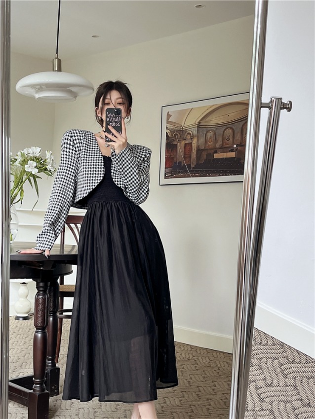 가을자켓하객룩투피스세트 시크 체크하운드 볼레로자켓나시롱원피스 세트상품 투피스셋업 긴팔자켓 크롭자켓 나시원피스 플레어롱원피스 베스트상품