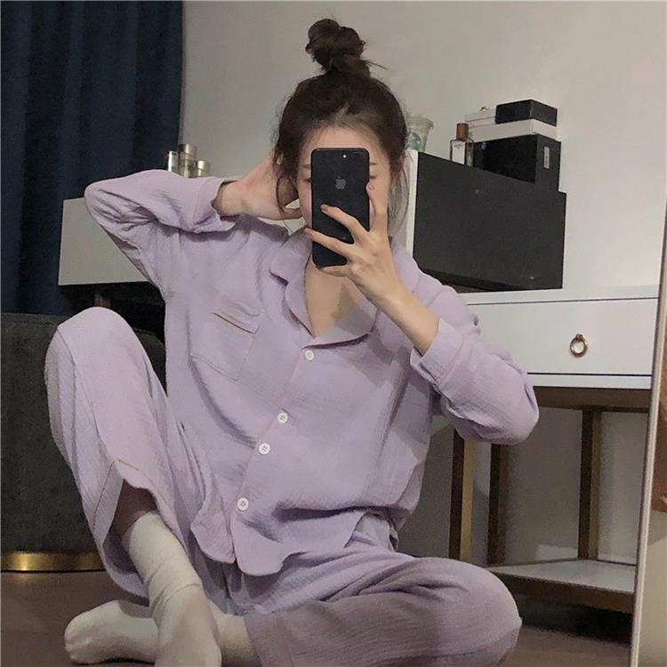 라벤더 퍼플 카라 플리츠 단색 무지 카라 단추파자마 바지 투피스 세트 잠옷 홈웨어 나이트드레스