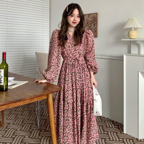 라모나 가을 하객원피스 핑크 플라워 꽃무늬 브이넥 롱원피스 77사이즈여성쇼핑몰 르뚜앙