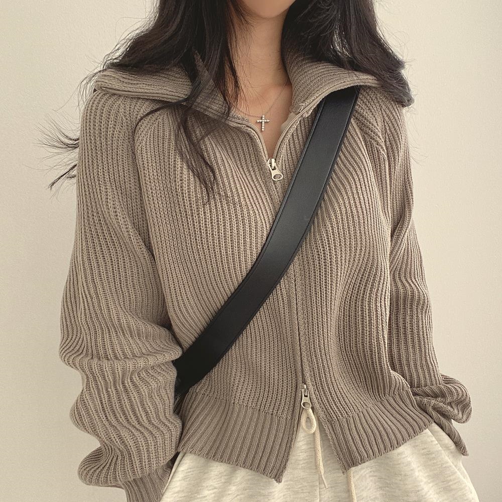 루즈핏 더블 지퍼 터틀넥 하이넥 봄 가을 겨울 집업 골지 니트 가디건 스웨터 아우터 레트로 복고풍 짧은 크롭 카디건 점퍼 기본 심플 무지 베이직 아이템 데일리룩 캠퍼스룩