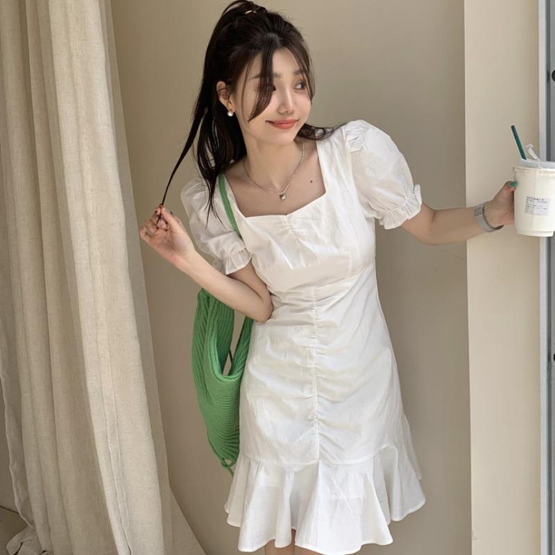 피쉬테일 화이트 스퀘어넥 퍼프 반팔 슬리브 프릴 스커트 미니 원피스 드레스 셀프웨딩꾸안꾸브라이덜샤워