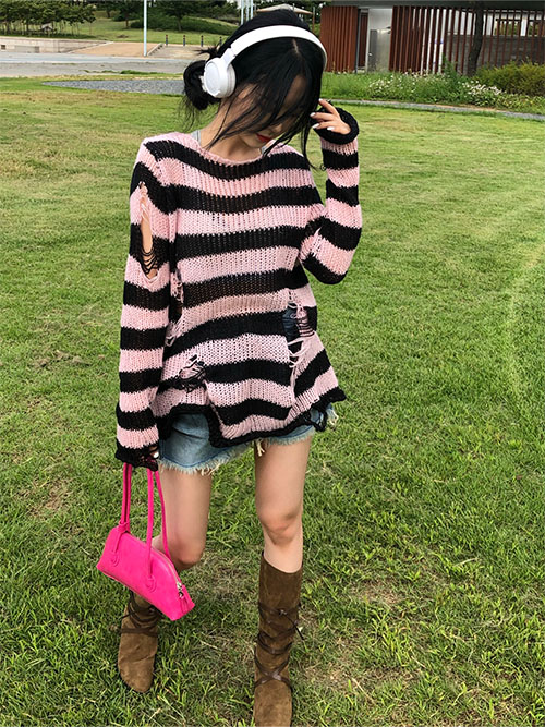 프롬로즈 Penning Damage Stripe Loose Knitwear. (2col)