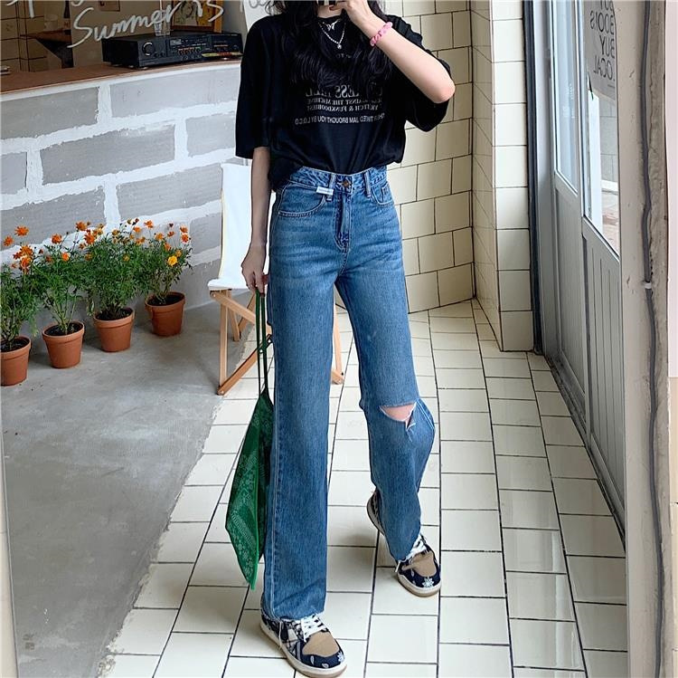 제이리본 스트레이트 무파진 찢청 가을 구제 워싱 데님 밑단 헤짐 찢어진 일자핏 봄 가을 슬림 하이웨이스트 라벨링 캐주얼 진 청바지 스트릿 데일리 캠퍼스 일상 룩 데이트룩 코디