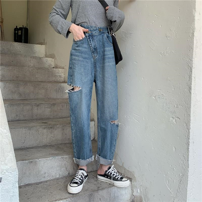 제이리본 빈티지 무파진 스트레이트 세미 배기 찢어진 9부 롤업 와이드핏 밑단 헤짐 찢청 하이웨이스트 사선 비대칭 언발 투버튼 워싱 레트로 보이프랜드핏 데님 진 청바지