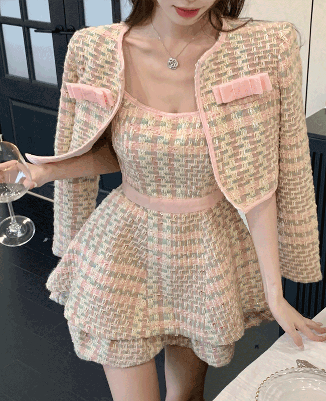 오픈하트 당일발송m 투피스~4xl 베이비돌 핑크 트위드 플레어 미니원피스 긴팔 크롭 트위드자켓 셋업 세트 하객룩 빅사이즈 나시원피스 정장원피스 데이트 키작녀 정장세트