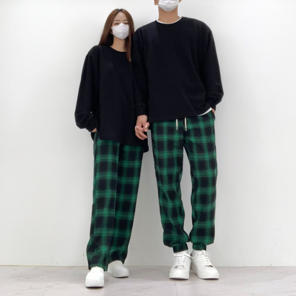 조거or와이드 2가지 버전s Xl핏보장 꾸안꾸 빅사이즈 타탄 체크 커플 파자마 잠옷 수면 바지 봄 가을 겨울 밴딩 고무줄 와이드 팬츠 조거 팬츠 마실룩 커플 시밀러룩