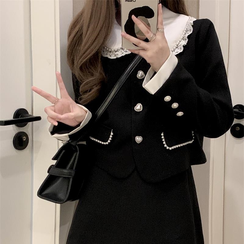 투피스 셋업깔끔 블랙 진주 레이스 프릴 카라 하트 버튼 단추 러블리 클래식 봄 가을 긴팔 소녀 감성 크롭 숏 짧은 자켓 아우터 코트a라인 힙스커트 미니스커트 세트 결혼식