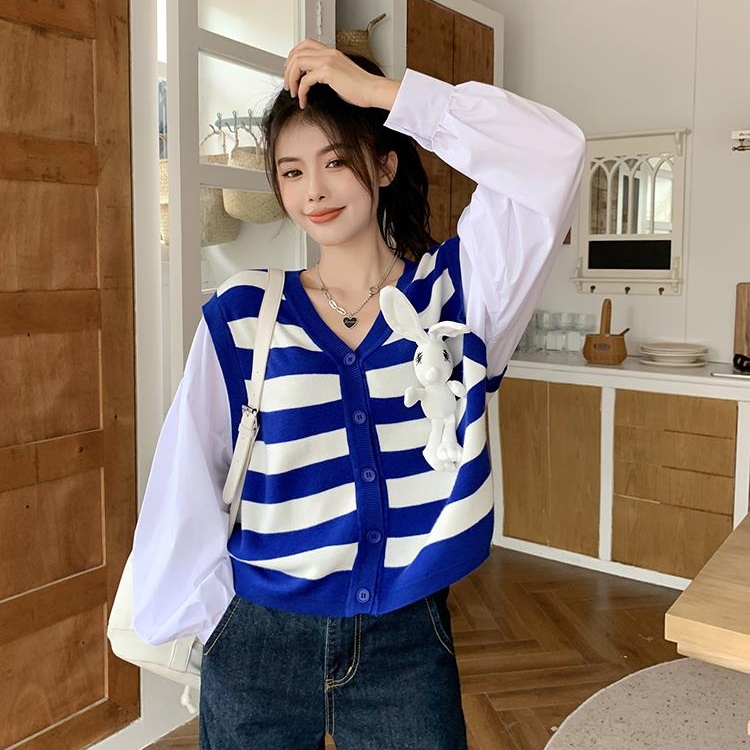 페이크 투피스 브이넥 스트라이프 가디건 화이트 벌룬 소매 블라우스 레이어드 스타일링 토끼 인형 포인트 장식 러블리 스윗걸 봄