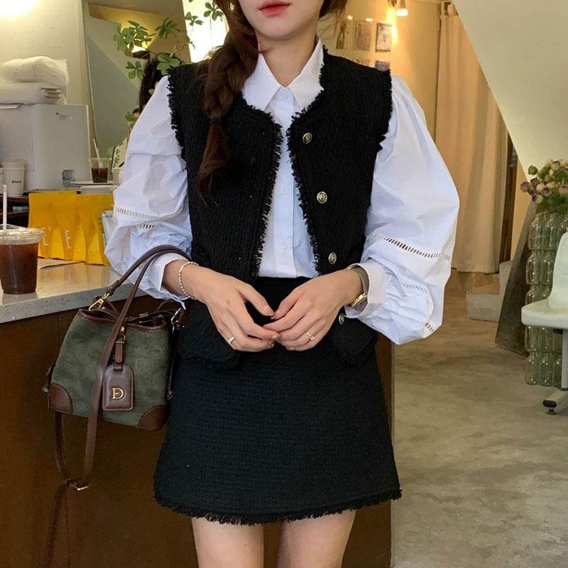 패션 바이 카카오 프린지 트위드 조끼세트 봄 가을 레트로 복고풍 밑단 헤짐 테슬 빈티지 민소매 싱글 단추 라운드넥 조끼 베스트a라인 하이웨이스트 미니 스커트 치마