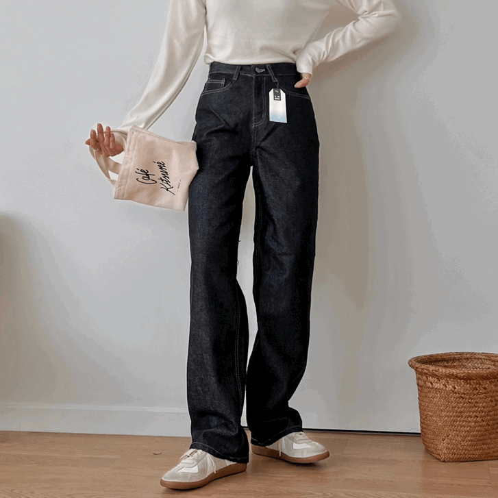 그리니스튜디오 [2col 물빠짐X,생지] 가을부터 하이 코튼 와이드 진청흑청 데님 팬츠 ; S,M,L