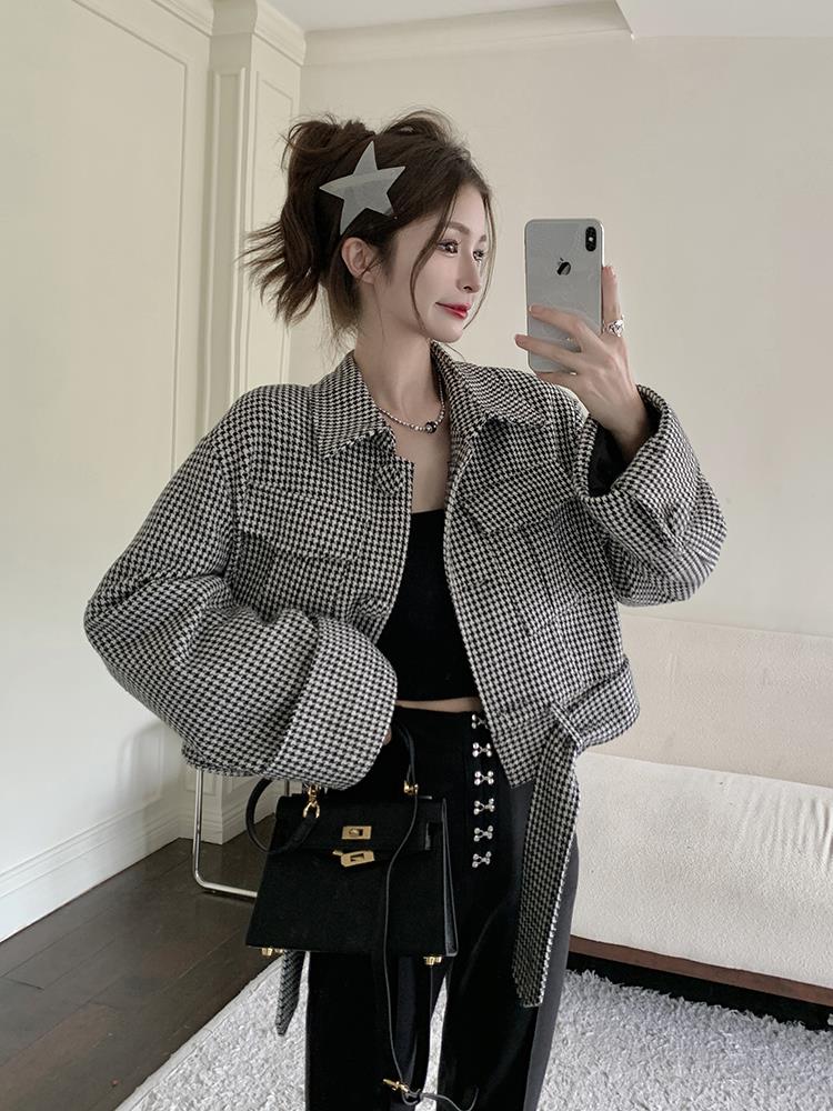 패션 바이 카카오 가을 신상 하운드 체크 빅 포켓 버튼 오버핏 박시한 숏 자켓 주말룩 데이트룩 여친룩 꾸안꾸 코디 트렌디한 유니크한 여자 옷 쇼핑몰
