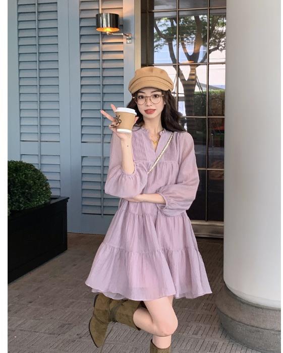 퍼플 긴 팔 V 브이 넥 프릴 숏 원피스 여친룩 데이트룩 여신룩 개강룩 캠퍼스룩 주말룩 귀여운 캐주얼한 여자 옷 쇼핑몰