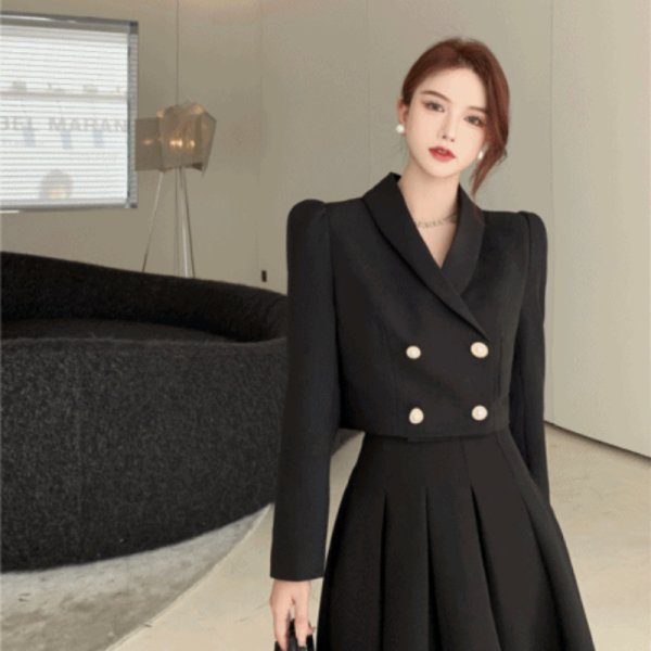 ★부분 당일출고★1color 가을 하객룩 모임룩 직장인 오피스룩 페미닌 블랙 투피스 레트로 더블 카라 퍼프 크롭 정장 자켓 하이웨스트 A라인 핀턱 플리츠 플레어 미디 롱