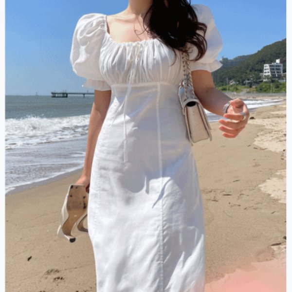 2color 여름 청순 퓨어 해변룩 트렌디 스몰웨딩 브라이덜샤워 스퀘어넥 플리츠 하이웨스트 슬림핏 퍼프 반팔 소매 롱 원피스
