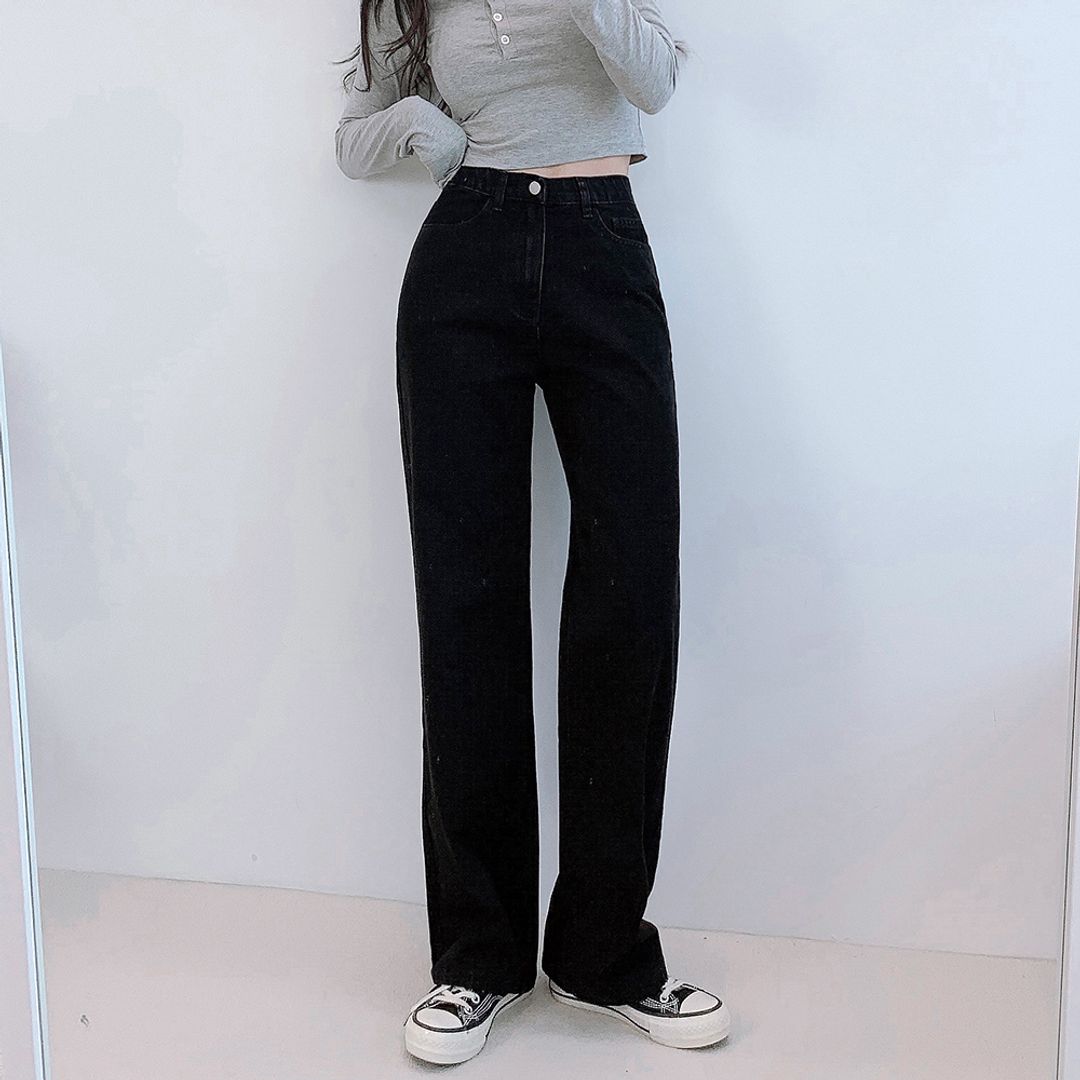 히든밴딩기장선택 라일 하이웨스트 일자 세미 와이드 데님 팬츠연청중청진청흑청