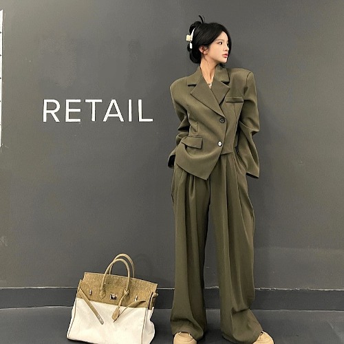 패션 바이 카카오 가을신상하객룩세트상품 다크그린 언발 싱글버튼 심플 루즈핏 정장 자켓 하이웨스트 와이드팬츠 투피스