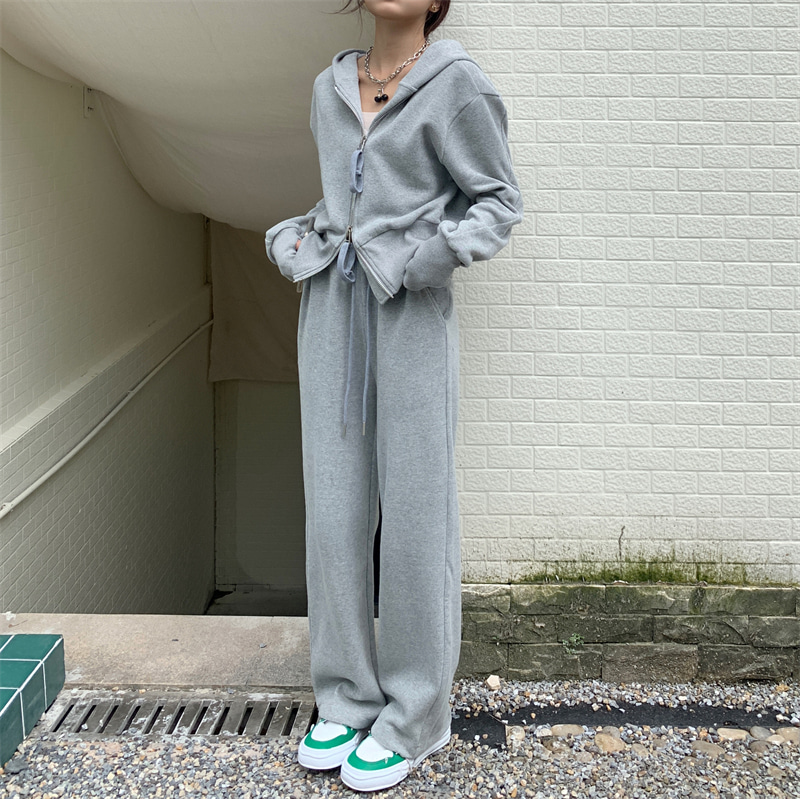 투웨이 집업 루즈핏 크롭 후드 집업 심플 데일리 허리밴딩 스트링 와이드 츄리닝 롱 팬츠 트레이닝 상하의 세트