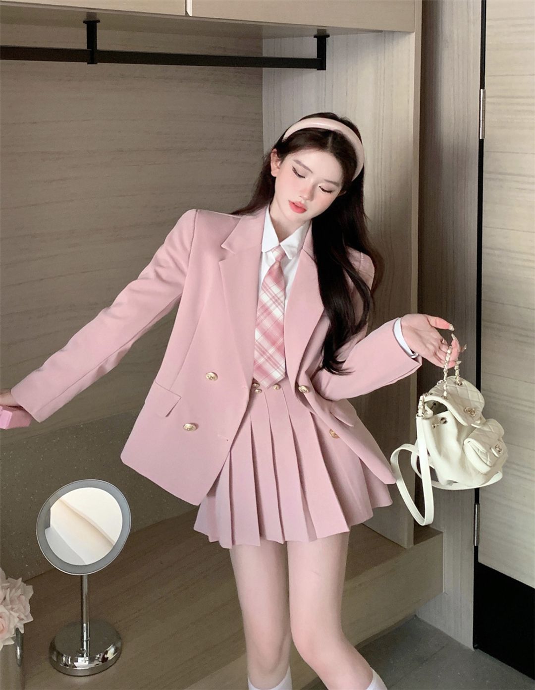 학생룩스쿨룩롯데월드 아이돌 놀이공원 핑크 루즈핏자켓넥타이셔츠치마 교복세트 넥타이포함 쓰리피스세트 셋업세트 교복자켓