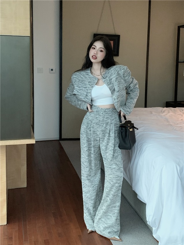 가을하객룩가을트위드자켓 빈티지 긴팔트위드 숏자켓와이드팬츠 투피스세트 트위드세트 크롭자켓 몸매보정 정장세트 가을바지